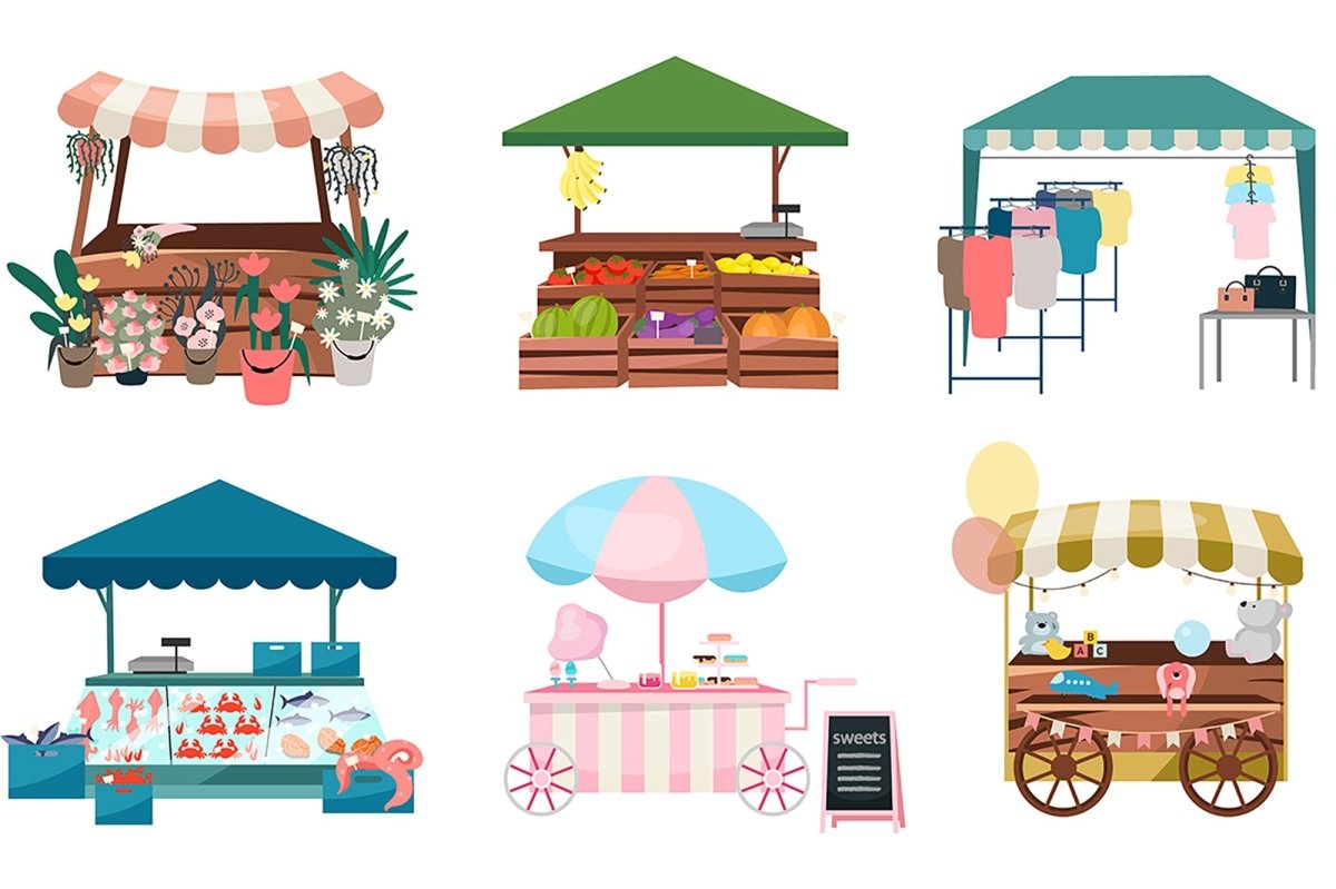Market stalls flat vector illustrations set – IMG Visuals Market stalls flat vector illustrations set – IMG Visuals
