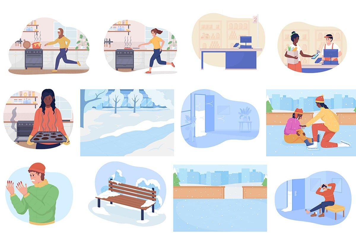 Common daily situations 2D vector isolated illustration set
