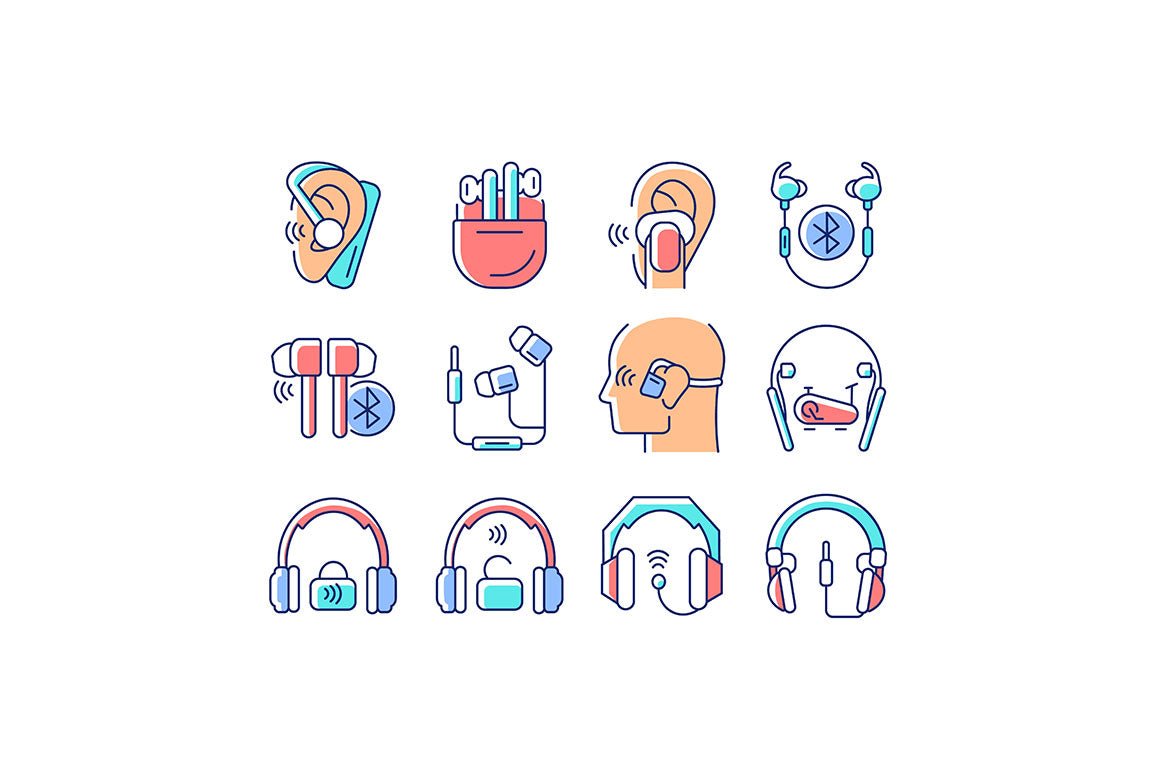 Different types of headphones RGB color icons set